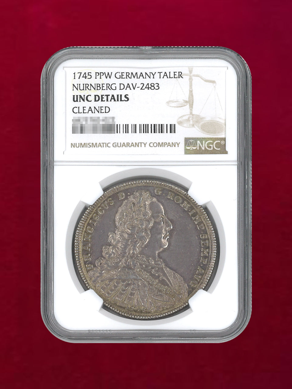 【ドイツ・ニュンベルク】ターラー 銀貨 NURNBERG 1745PPW NGC UNC DETAILS CLEANED[B-0000243 – ワールドコインズ・ジャパン